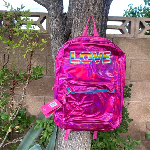 Bags | Girls Pink Holographic Love Rainbow Cute Backpack | Poshmark
